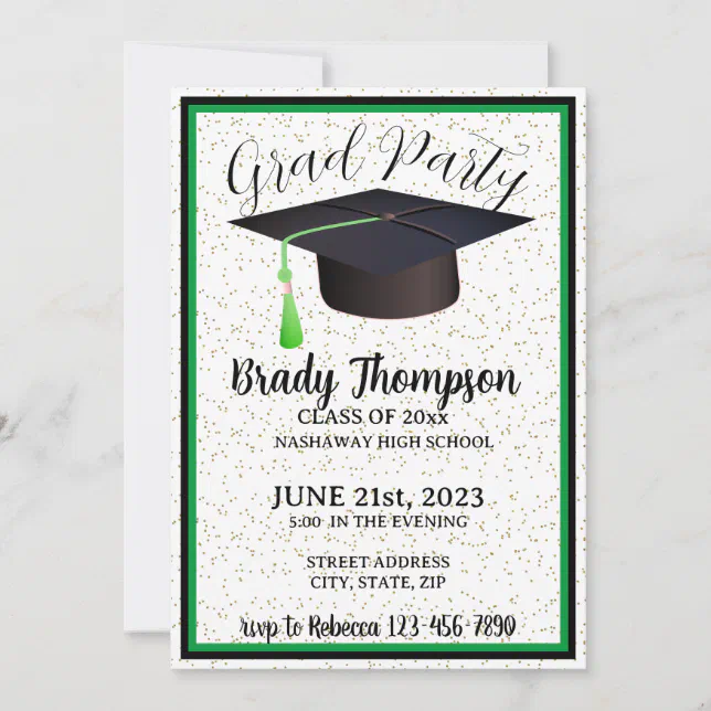 Graduation Party-Green Black School Colours-2 Phot Invitation | Zazzle