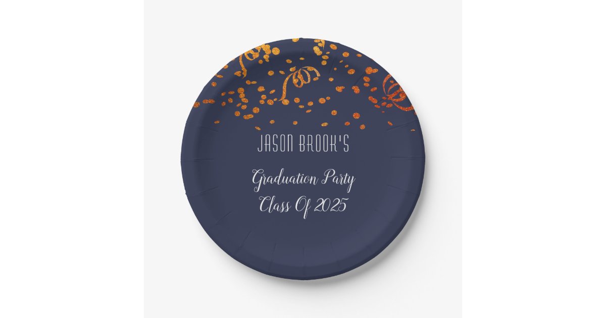 Graduation Party Orange Gold Confetti On Black Pap Paper Plate | Zazzle