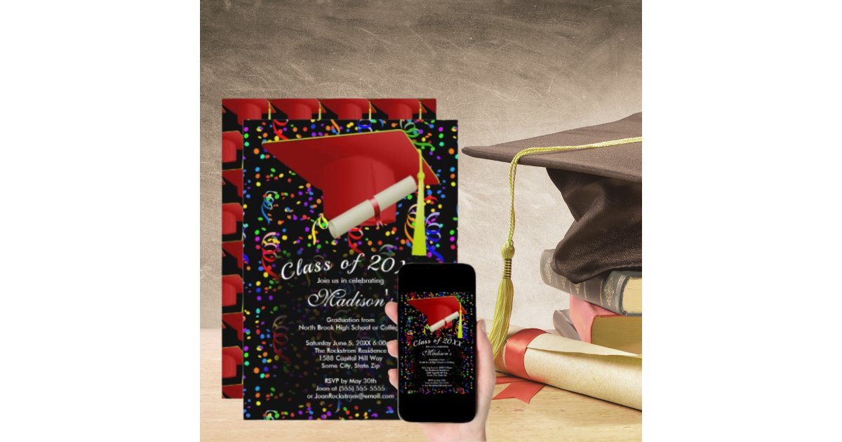 Graduation Red Grad Cap Diploma Confetti Black Invitation | Zazzle
