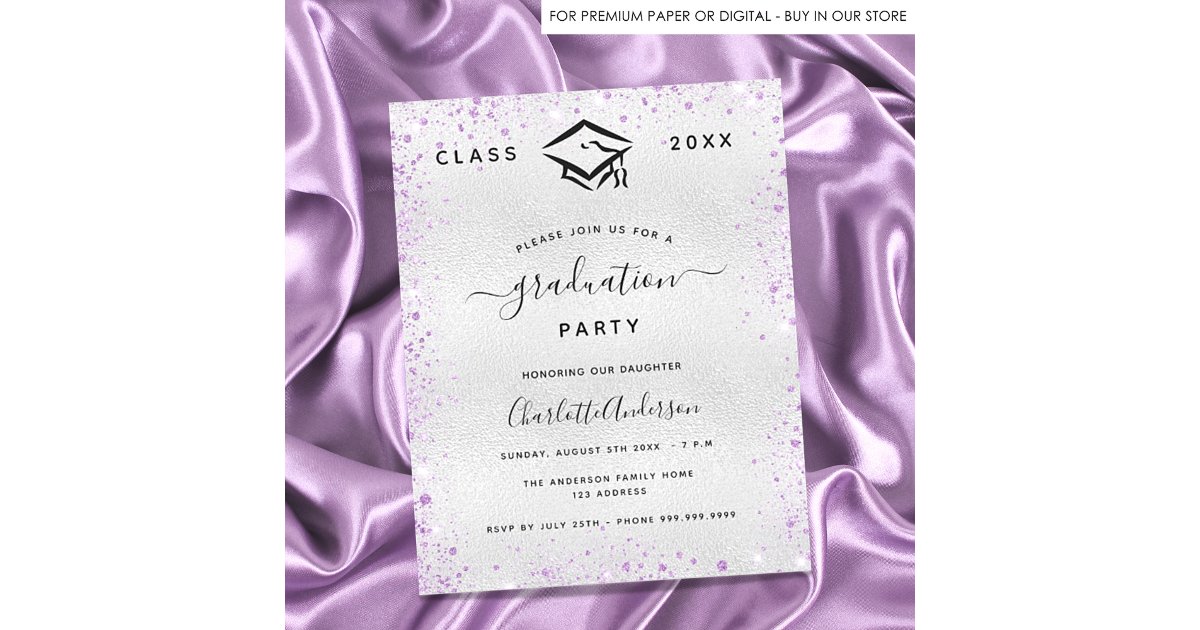 Graduation silver lavender glitter invitation | Zazzle