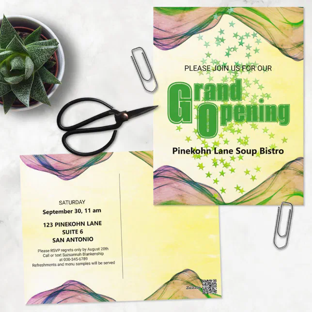 Grand Opening Green Yellow Watercolor Wave Stars Postcard | Zazzle