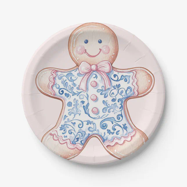 Grandmillennial Pink & Blue Damask Gingerbread Man Paper Plate | Zazzle