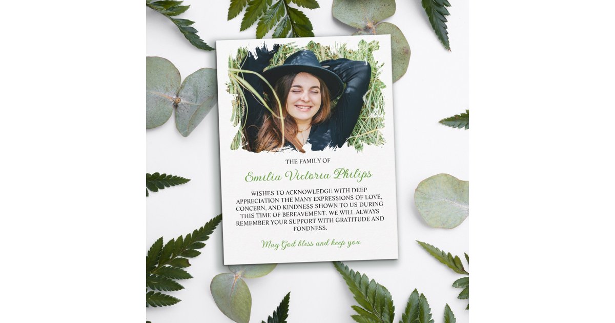 Grass Green Brushed Borders Photo Bereavement Thank You Card | Zazzle