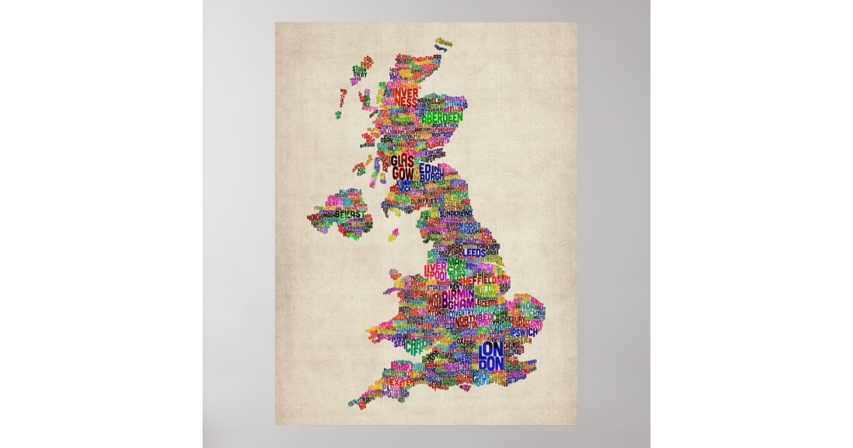 Great Britain UK City Text Map Poster | Zazzle