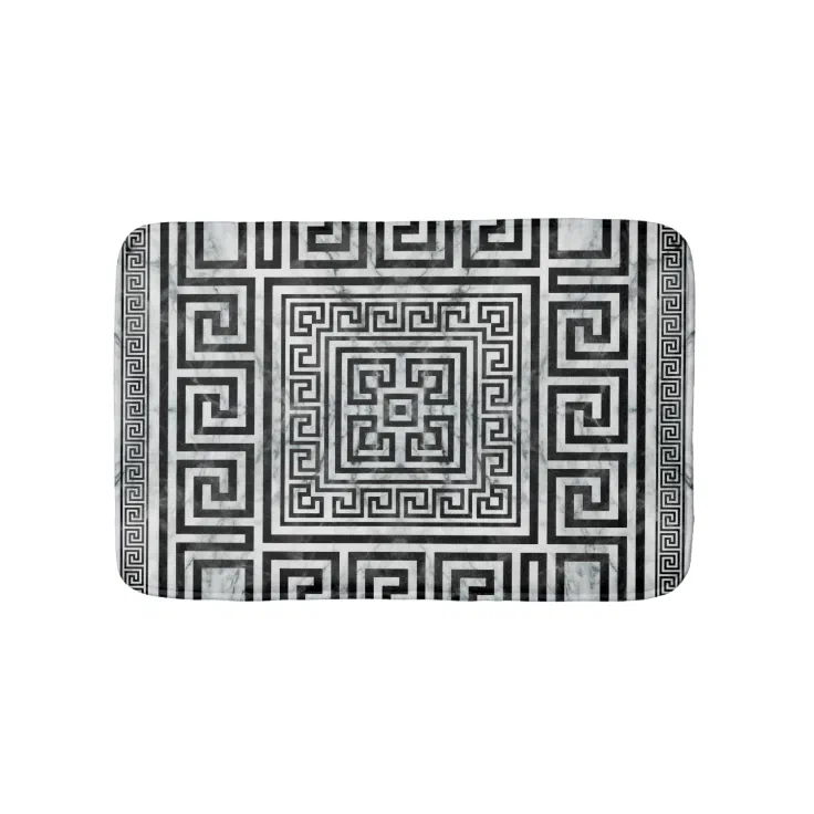 Greek Meander - Greek Key Black and White Marble Bath Mat | Zazzle