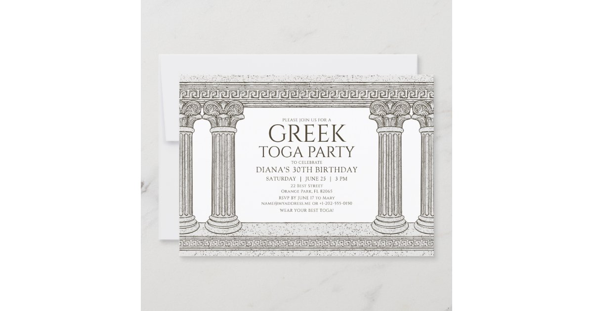 Greek Toga Birthday Party Invitation with columns | Zazzle