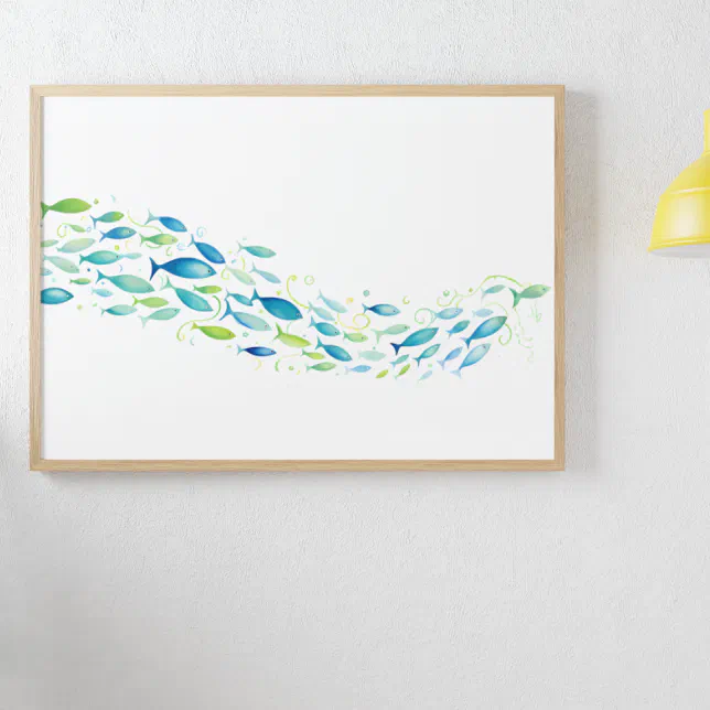 Green and Blue School of Fish Watercolor Poster | Zazzle