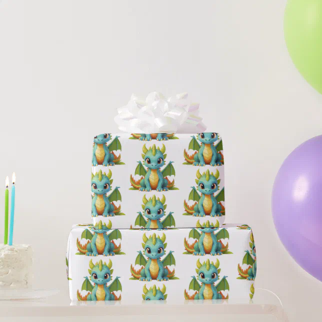 Green Blue Baby Dragon Fantasy Wrapping Paper | Zazzle