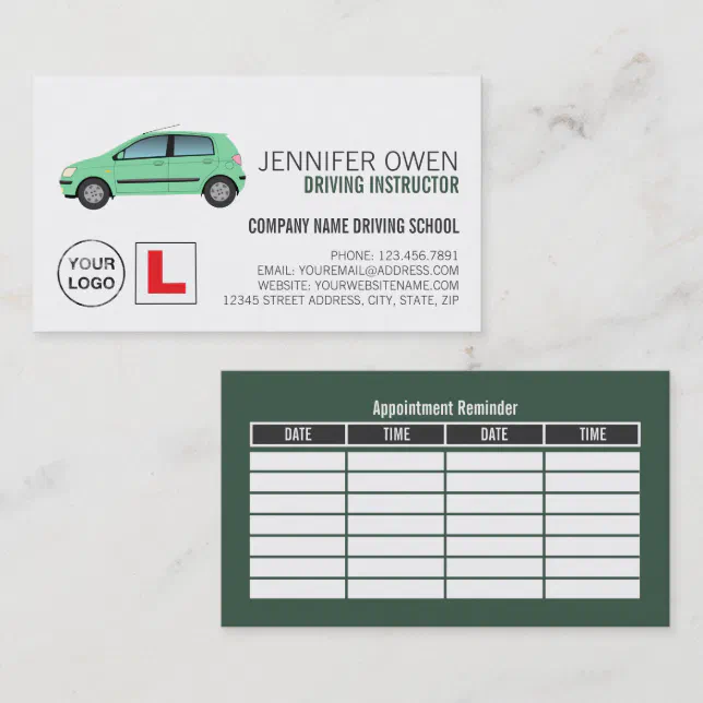 Green Car, Driving School/Instructor Appointment Business Card | Zazzle