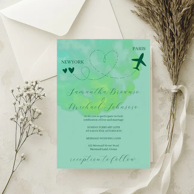 Green Destination plane flight abroad wedding Invitation | Zazzle