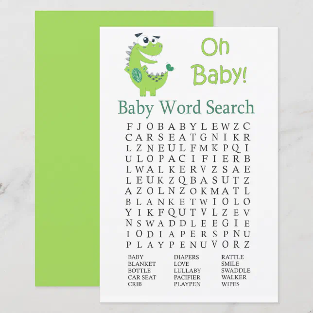 Green Dinosaur Baby Shower Word Search Game | Zazzle