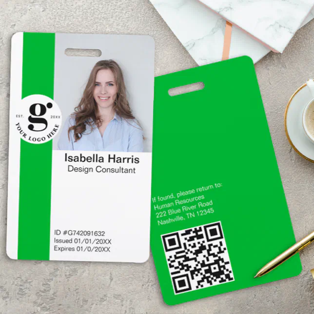 Green Employee ID Badge with Photo & QR Code | Zazzle