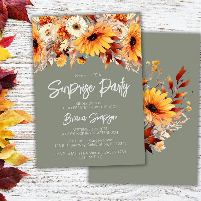 Green Fall Floral Surprise Birthday Invitation | Zazzle