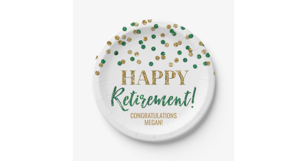 Green Gold Confetti Happy Retirement Paper Plate | Zazzle