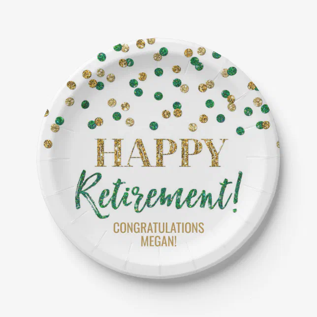Green Gold Confetti Happy Retirement Paper Plate | Zazzle