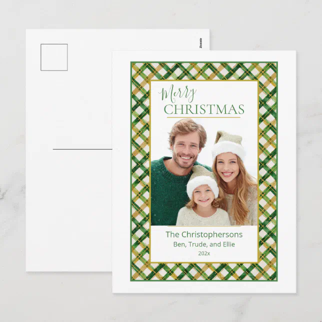Green Gold Plaid Photo Christmas Postcard | Zazzle