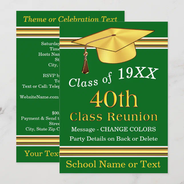 Green, Gold, White, 40th Class Reunion Invitations | Zazzle