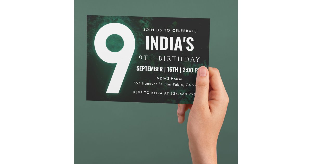 Green Neon 9th birthday Invitation | Zazzle