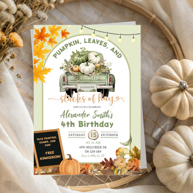 Green Pumpkins Leaves and Stacks of Hay Birthday Invitation | Zazzle