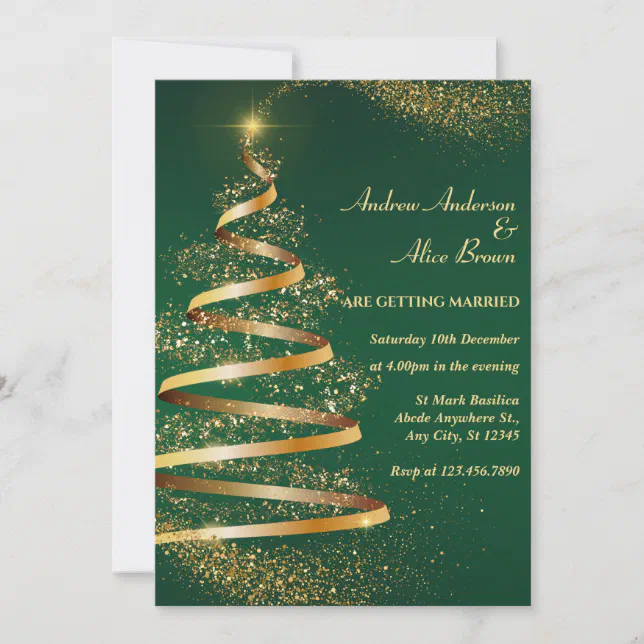 Green sparkle christmas tree wedding Invitation | Zazzle