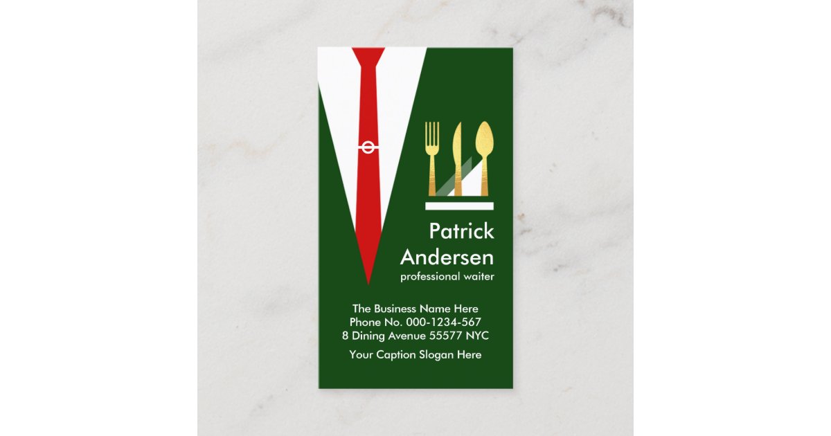 Green Waiter Suit Gold Cutlery Business Card | Zazzle