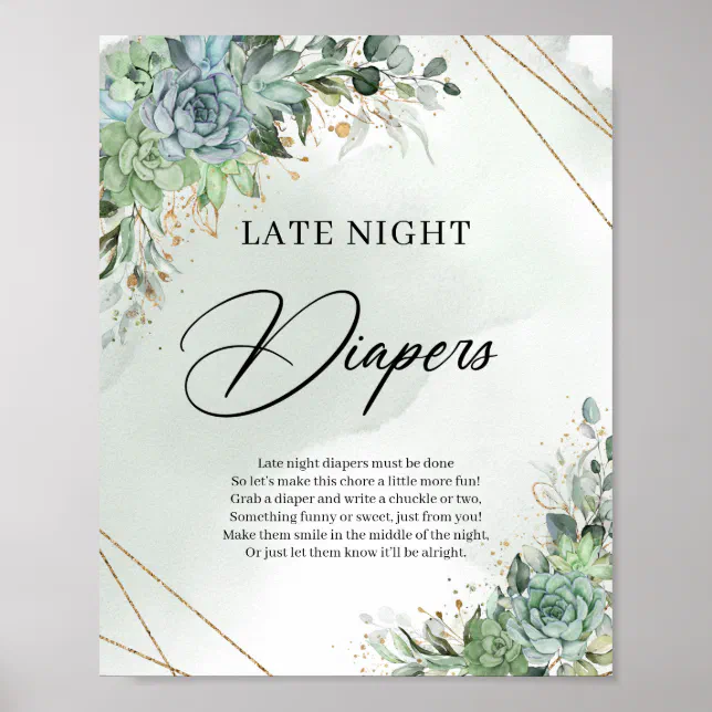 Greenery eucalyptus succulents Late Night Diapers Poster | Zazzle