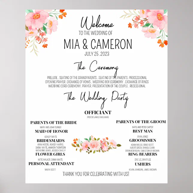 Greenery Floral Wedding Program Poster | Zazzle