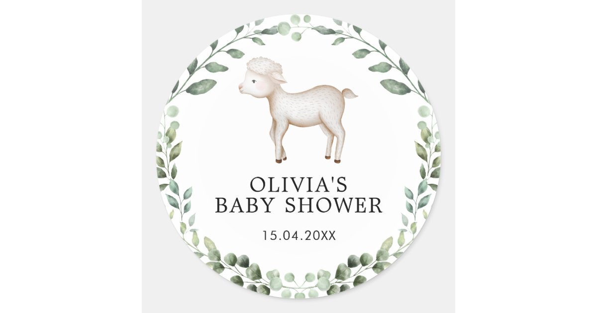 Greenery Lamb Baby Shower Spring Sheep Favours Classic Round Sticker ...