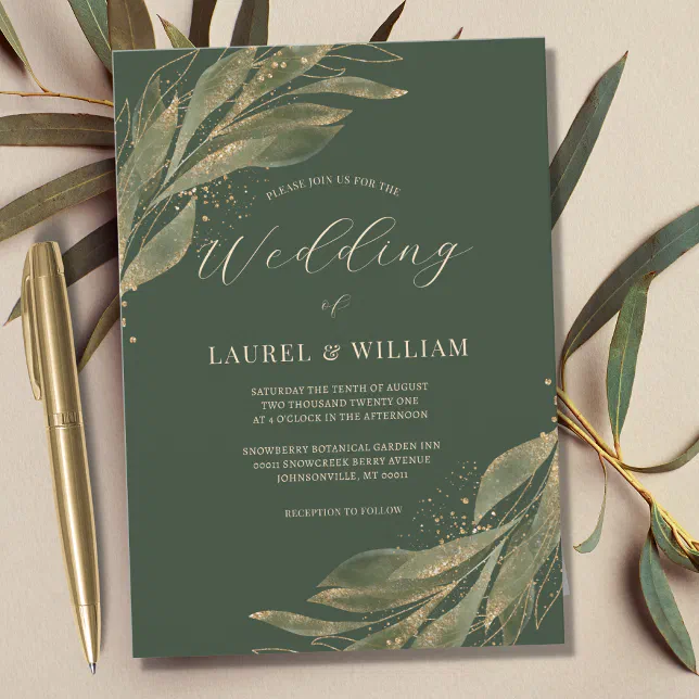 Greenery Leaf Green Gold Elegant Wedding Invitation | Zazzle