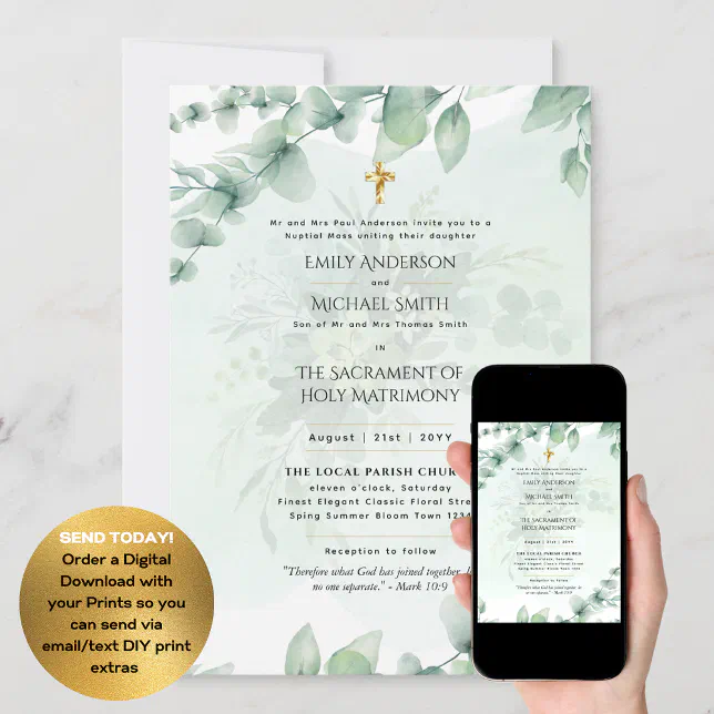 Greenery Leaves Catholic Nuptial Mass Wedding Invitation | Zazzle