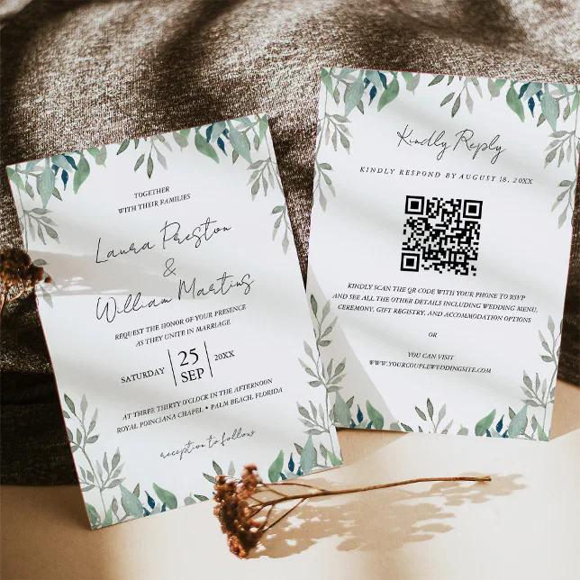 Greenery Leaves Frame QR Code RSVP Wedding Invitation | Zazzle