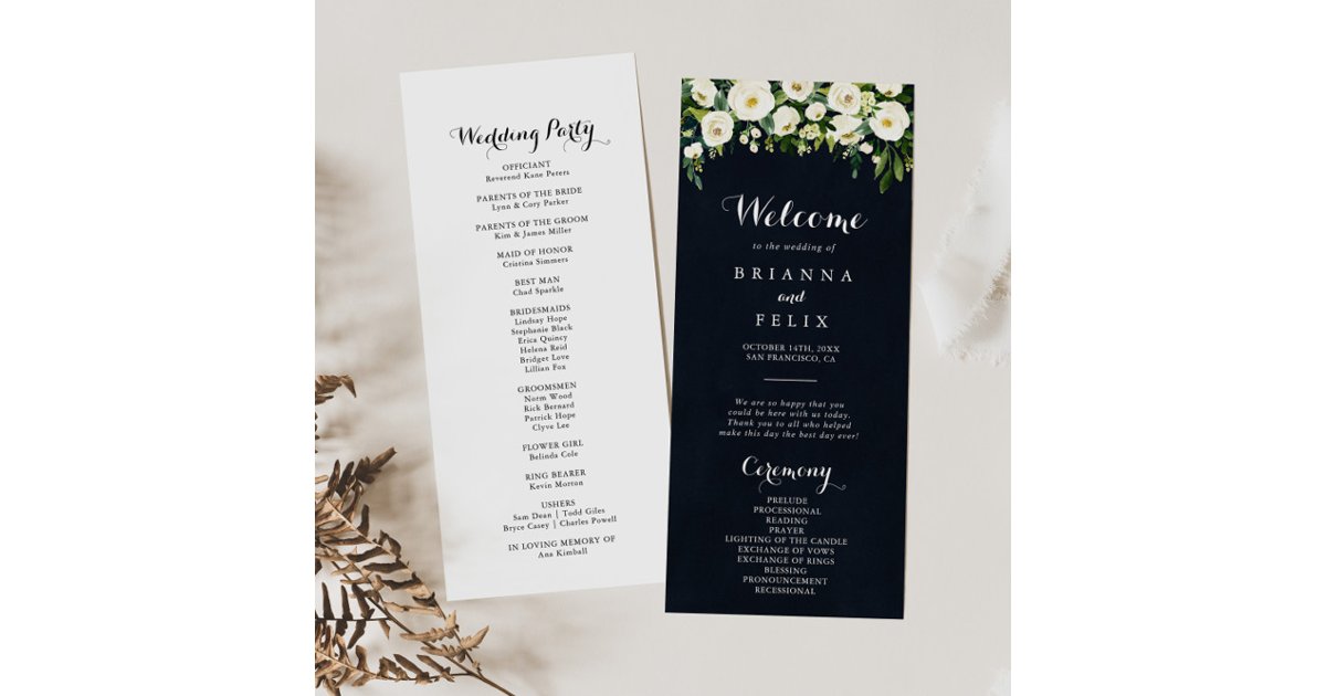 Greenery White Floral Royal Blue Wedding Programme | Zazzle