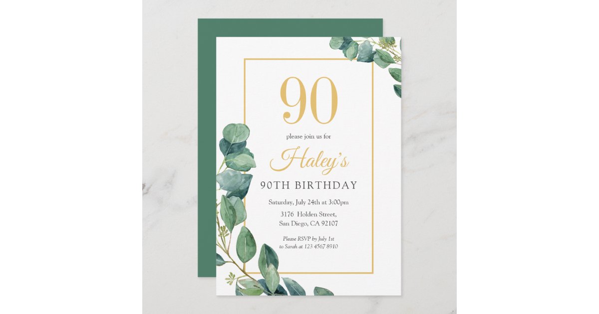 Greenery Wreath Chic Gold & Sage 90TH Birthday Invitation | Zazzle