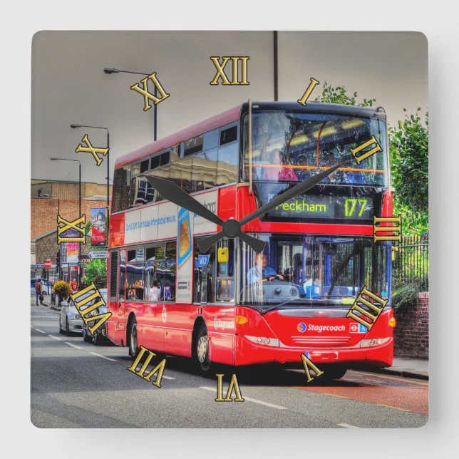 Greenwich to Peckham Doubledecker Bus Scene Square Wall Clock | Zazzle