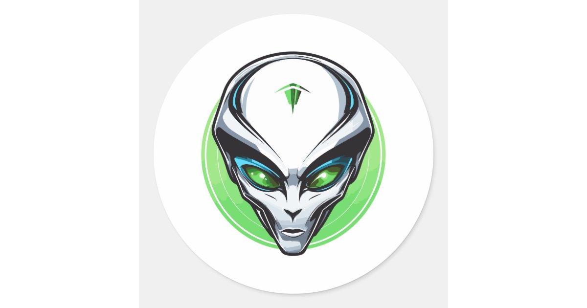 Grey Alien Portrait Head Green Background UFO Classic Round Sticker ...