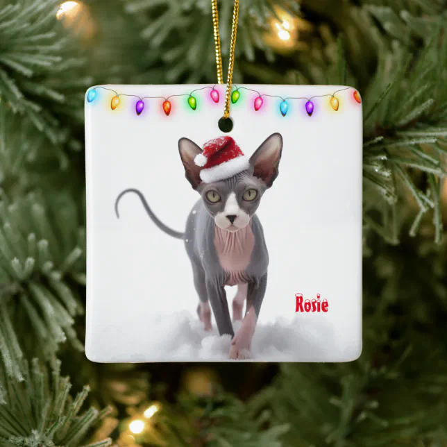 Grey and White Sphynx Cat Christmas Ceramic Ornament | Zazzle