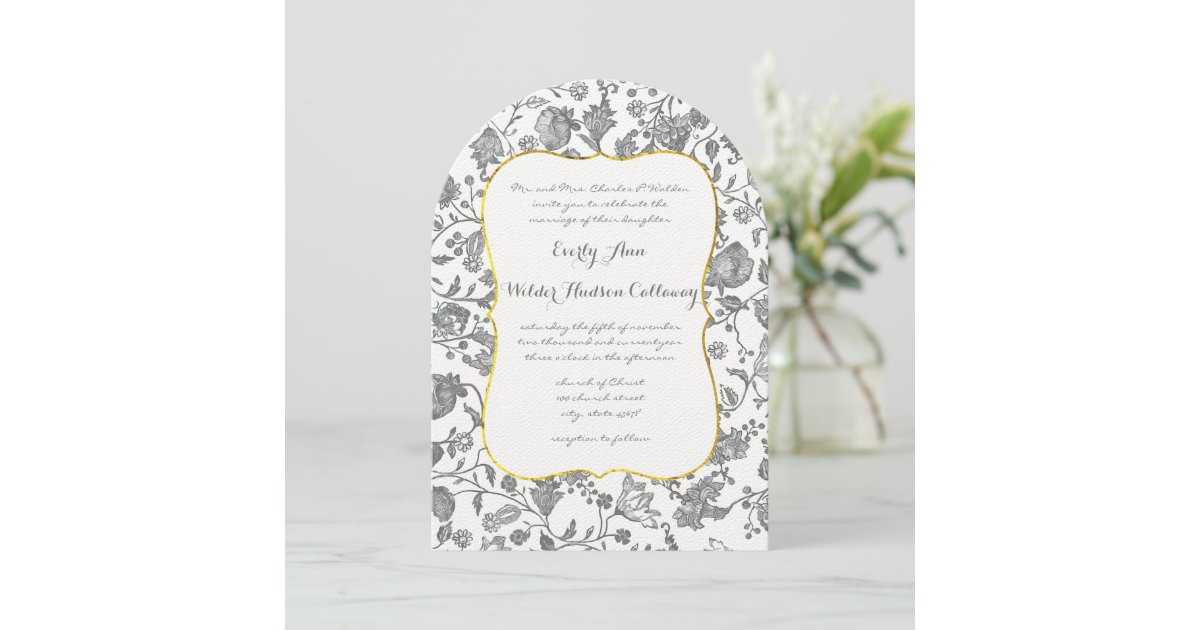Grey Floral Toile Border Custom Colour Wedding Invitation | Zazzle