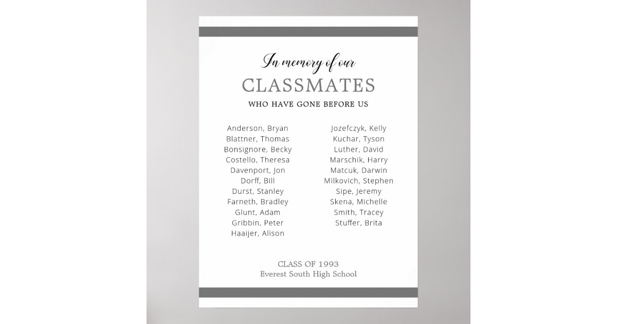 Grey In Memory Of Our Classmates Reunion Memorial Poster | Zazzle