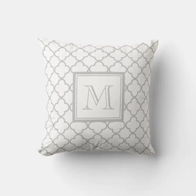Grey White Quatrefoil | Your Monogram Cushion | Zazzle