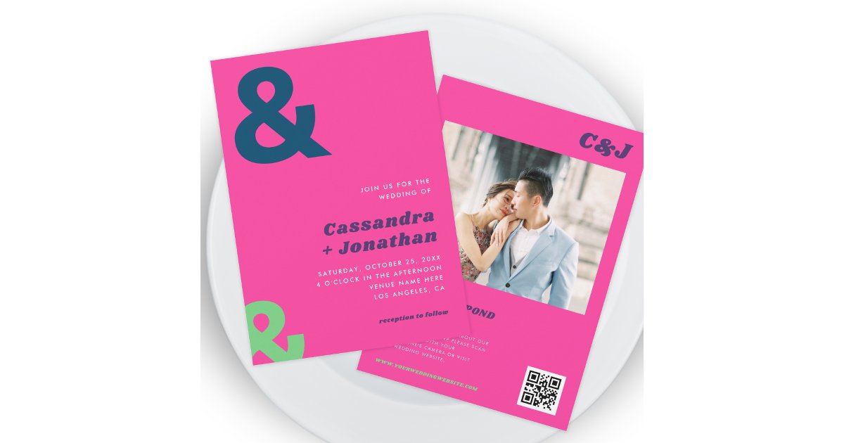 Groovy Retro Hot Pink Ampersand QR Code Wedding Invitation | Zazzle