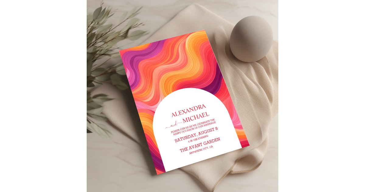 Groovy Retro Pink and Orange Arch Wedding Invitation | Zazzle