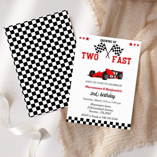 grow up too fast race car twin boys 2nd birthday invitation | Zazzle