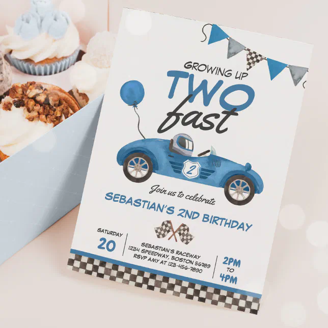Growing Up Two Fast Blue Race Car 2nd Birthday Invitation | Zazzle