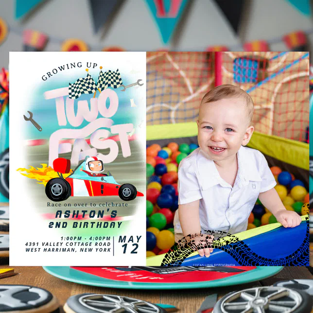 Growing Up Two Fast Race Car 2nd Birthday Invitation | Zazzle