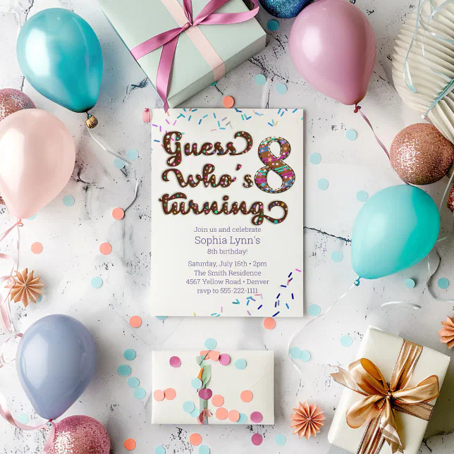 Guess Who's Turning 8 Cookie with Sprinkles Invitation | Zazzle