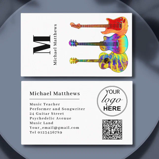 Guitar Music Teacher Custom QR Code and Logo Business Card | Zazzle