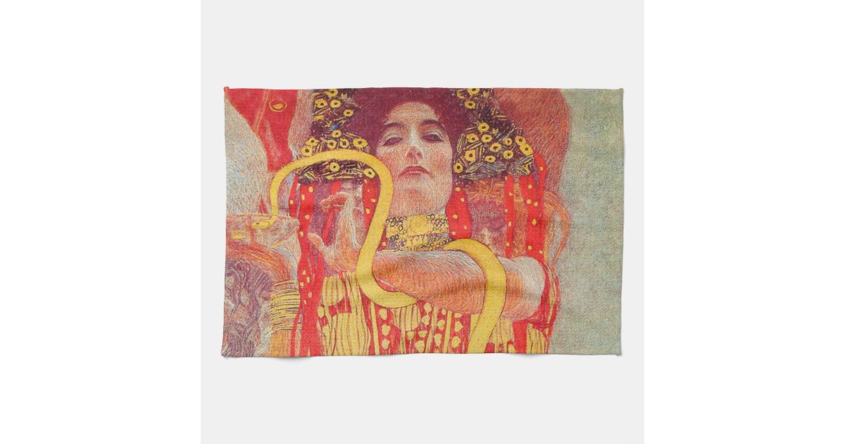 Gustav Klimt Red Woman Gold Snake Painting Tea Towel | Zazzle