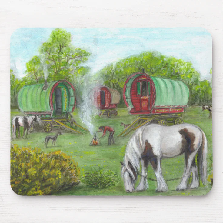 Gypsy wagons and horses mouse mat | Zazzle