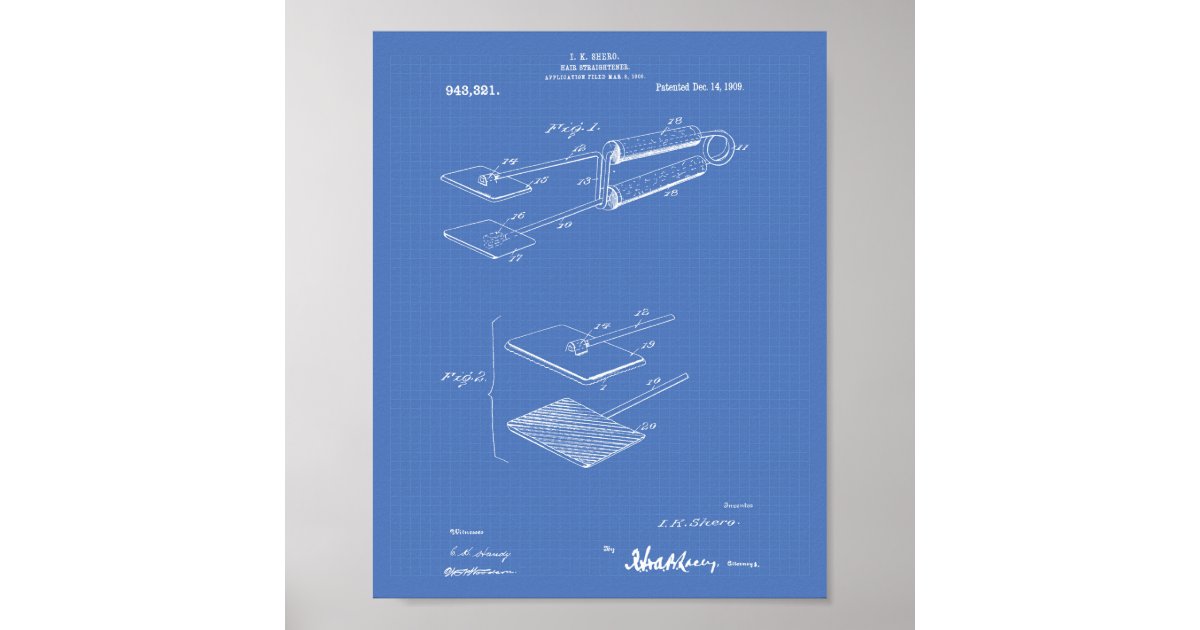 Hair Straightener 1909 Patent Art Blueprint Poster | Zazzle