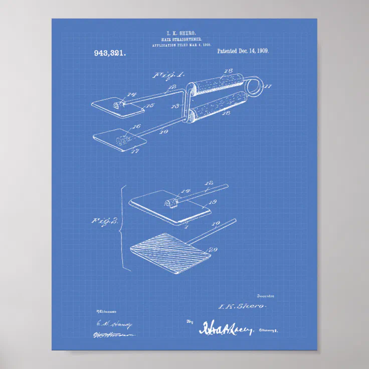 Hair Straightener 1909 Patent Art Blueprint Poster | Zazzle